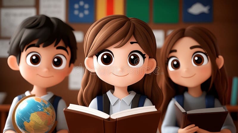 Three Animated Children in a Classroom Engaging with Books and a Globe ...