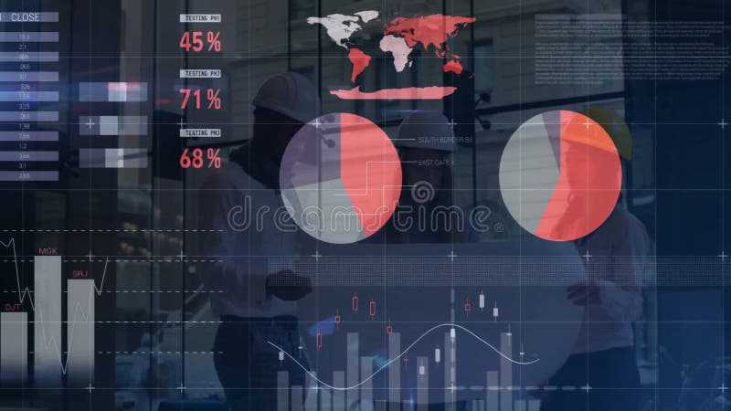 Three Engineers Using Tablet and Tech Dashboard in Meeting Showing ...