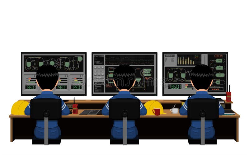 Three Engineers are Working at Their Workstation on White Background ...