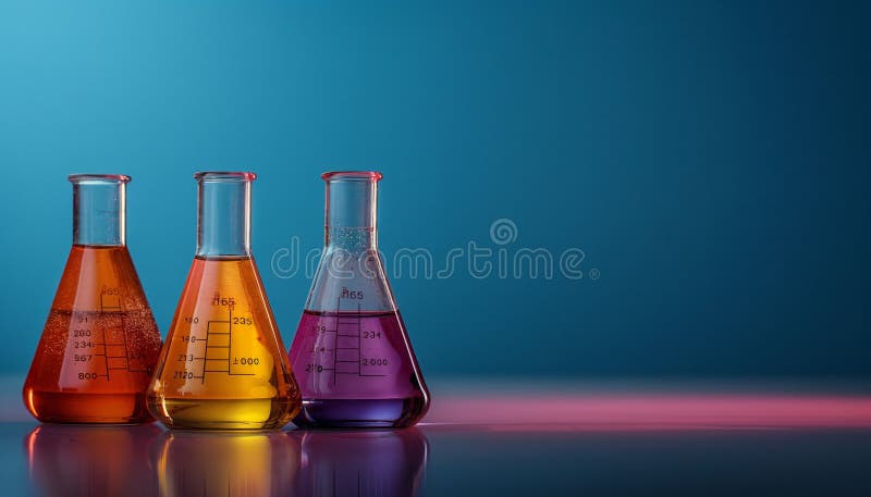 Three Erlenmeyer Flasks with Colored Chemicals Stock Photo - Image of ...