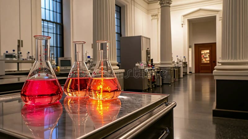 Three Erlenmeyer Flasks with Colored Liquids Sit on a Stainless Steel ...