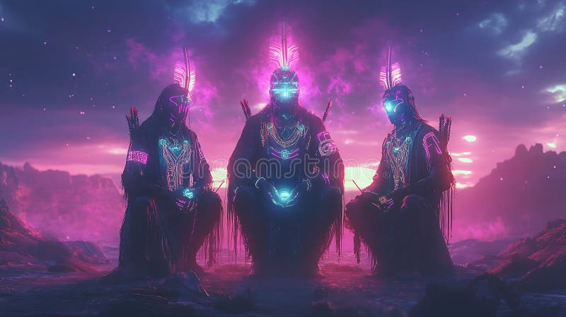 Three Ethereal Figures in Vibrant Cosmic Setting Stock Illustration ...