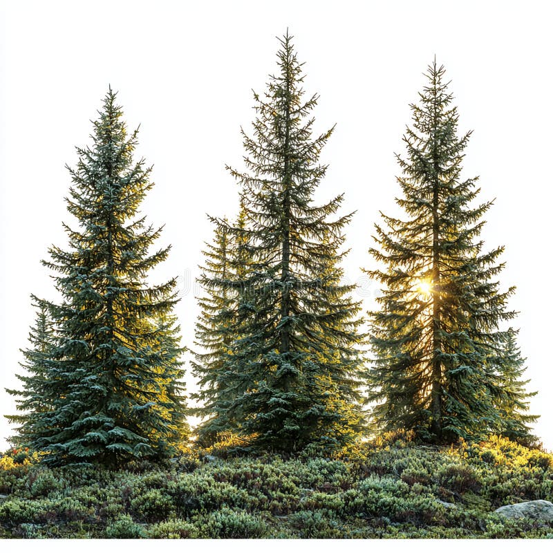 Three Evergreen Trees in a Forest Setting with Sunlight Shining through ...