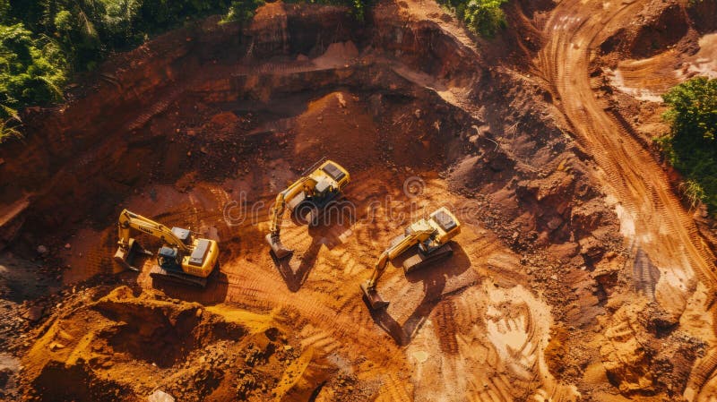Three Excavators Working in a Large Mining Site during the Day Stock ...