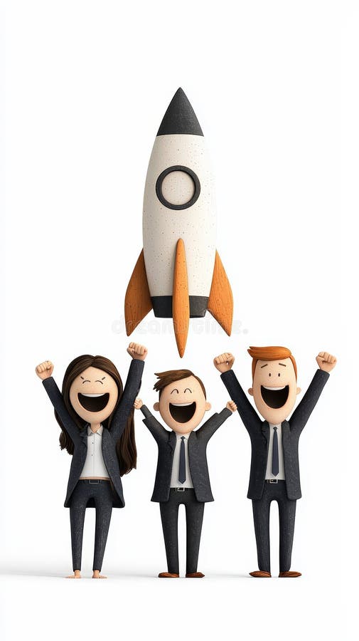 Three Excited Businesspeople Celebrate a Successful Launch while a ...