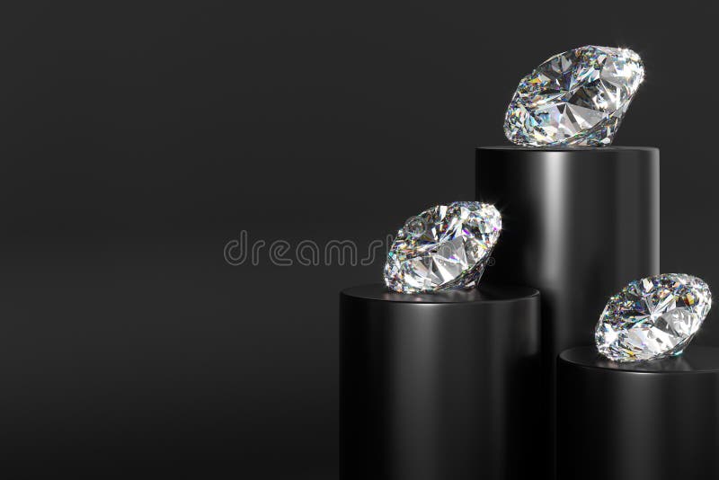 Three Expensive Diamonds on Stands on a Black Background. Exhibition of ...