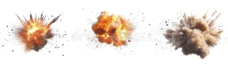Three Explosions Fiery Orange, Yellow Burst, and Tan Dust Cloud Stock ...