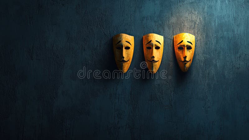 Three Expressive Theater Masks on a Textured Blue Wall Stock ...