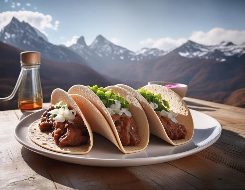 Title: 3 Fancy Tacos on a White Plate with a Mountain View Stock ...