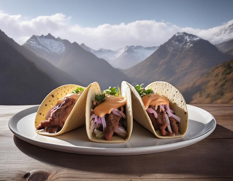 Title: 3 Fancy Tacos on a White Plate with a Mountain View Stock ...