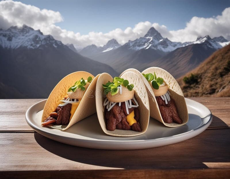 Title: 3 Fancy Tacos on a White Plate with a Mountain View Stock ...