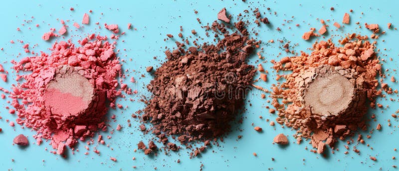 Three Face Powder Samples are Crushed and Scattered on a Blue Surface ...