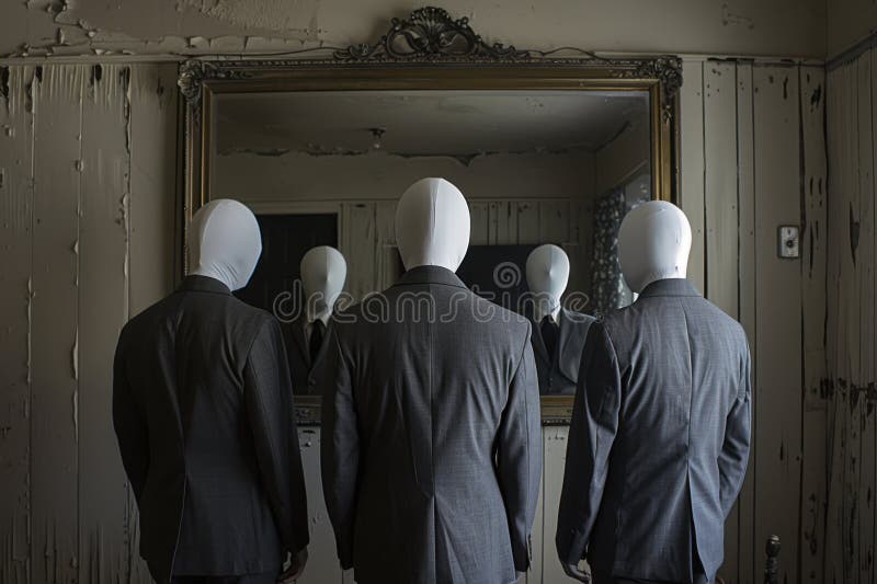 Abstract Faceless Figures in Suits Standing in Front of a Mirror Stock ...