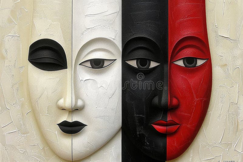Three Faces, Each Painted in a Distinct Color, are Presented Side by ...