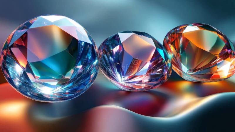 Three Facetted Diamonds Glowing in Vivid Colors Stock Illustration ...