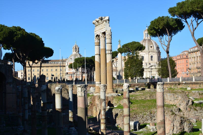 The Three Famous Columns of the Roman Forum in a Row Stock Photo ...
