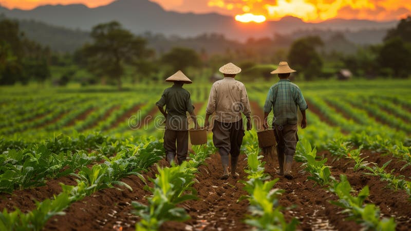 Three Farmers Walk through Rows of Crops Carrying Baskets As the Sun ...