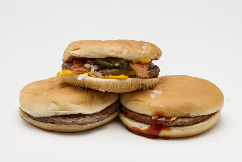 Three Fast Food Hamburgers, Horizontal Stock Photo - Image of lunch ...