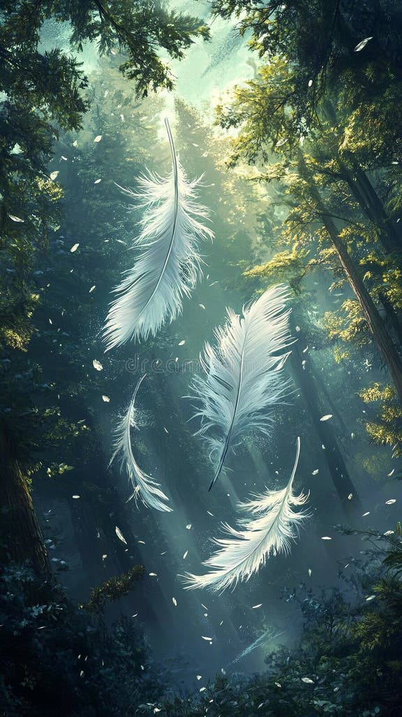 Three Feathers Swirling in the Wind Over a Forest. Stock Image - Image ...