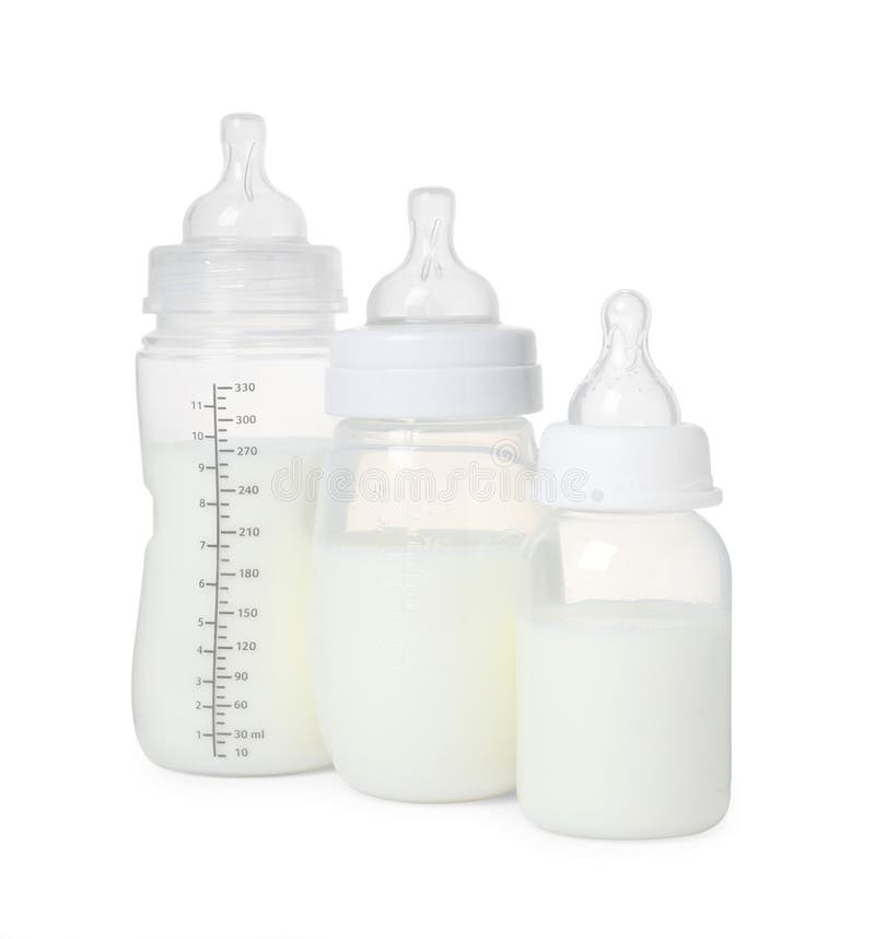 Three Feeding Bottles with Infant Formula on White Background Stock ...