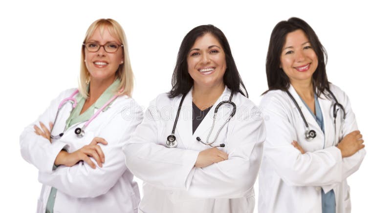 Three Female Doctors or Nurses on White Stock Photo - Image of ...