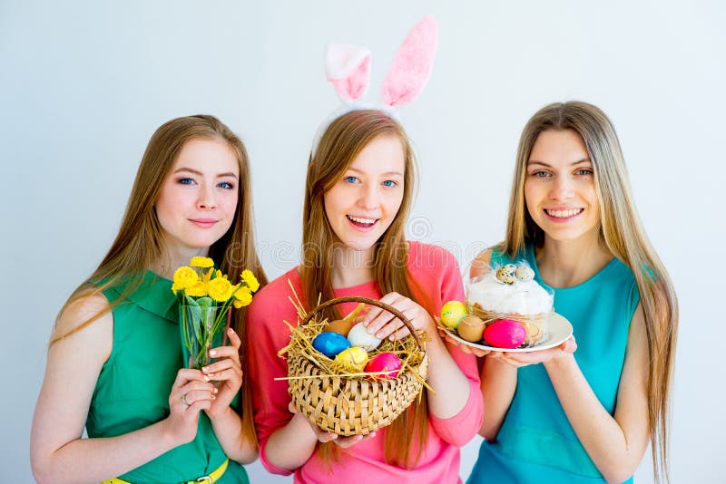 Three Female Friends Celebrating Easter Stock Image - Image of lady ...