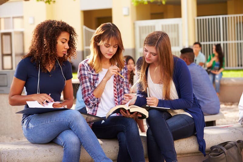 Three Female High School Students Working on Campus Stock Image - Image ...