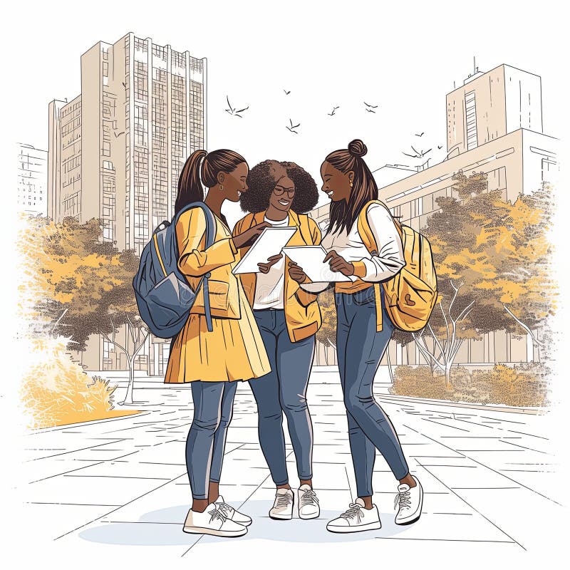 Three Female Students Discussing Documents Outdoors in a University ...