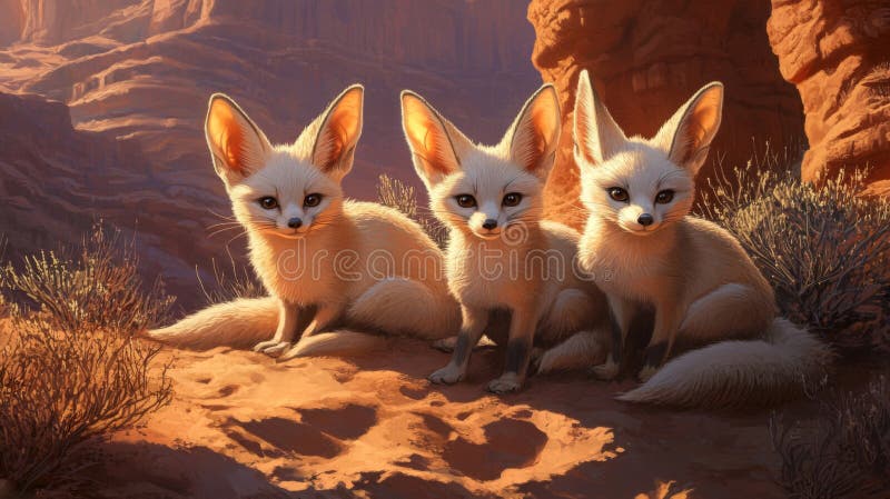 Three Fennec Fox Kits in a Desert Canyon at Sunset Stock Illustration ...