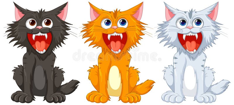 Three Ferocious Cats with Open Mouths Stock Vector - Illustration of ...