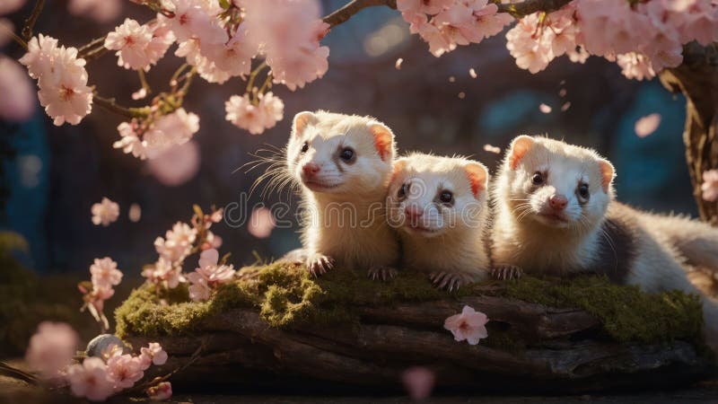 Adorable Ferrets Posing Under Cherry Blossoms in Spring Stock ...