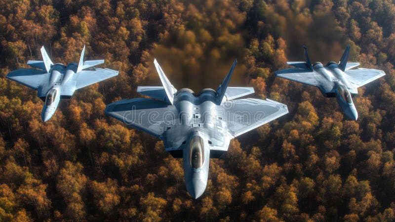 Three Fighter Jets Flying in Formation Over Autumn Forest Stock ...