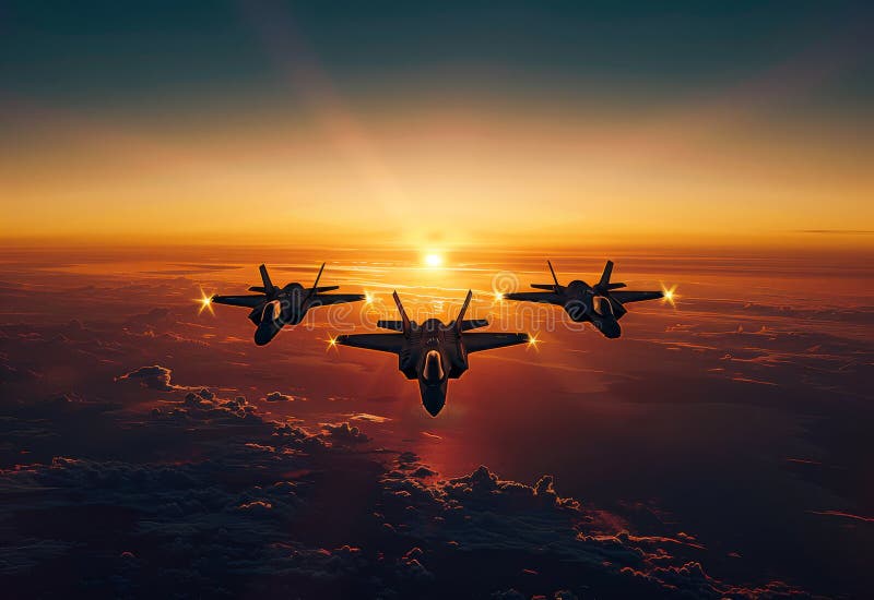 Three Fighter Jets Flying Over the Clouds at Sunset Stock Image - Image of flight, warfare ...