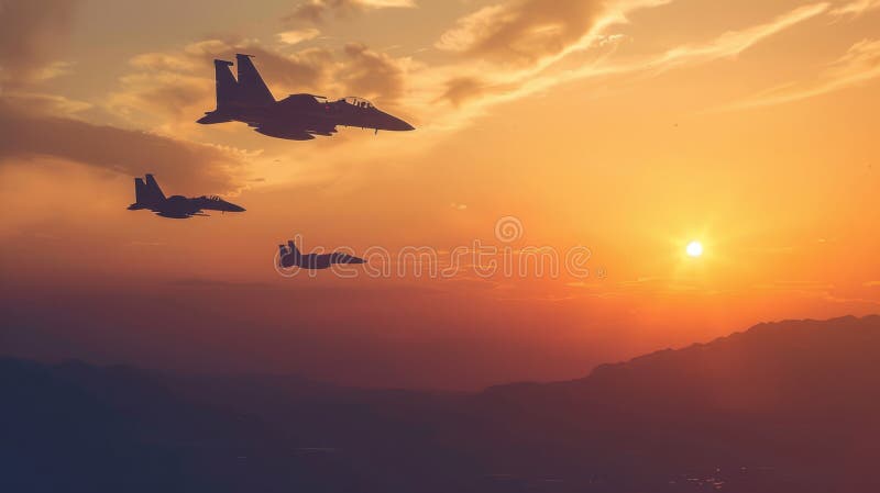 Three Fighter Jets Flying Over Mountain Range Stock Photo - Image of ...