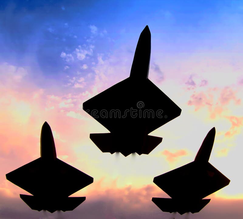 Three Fighter Jets in Formation Stock Photo - Image of warfare, side ...