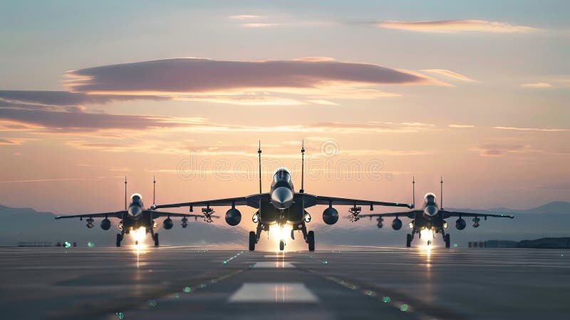 Three Fighter Jets Line Up on the Runway Stock Photo - Image of ...