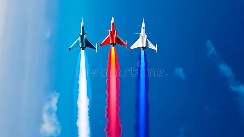 Three Fighter Jets Flying in Formation Leaving Colorful Smoke Trails ...