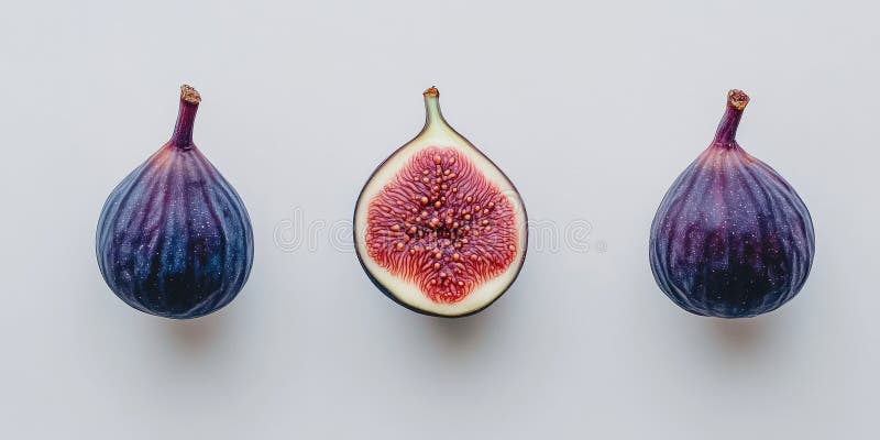 Three Figs are Cut in Half and Placed on a White Background for Display ...