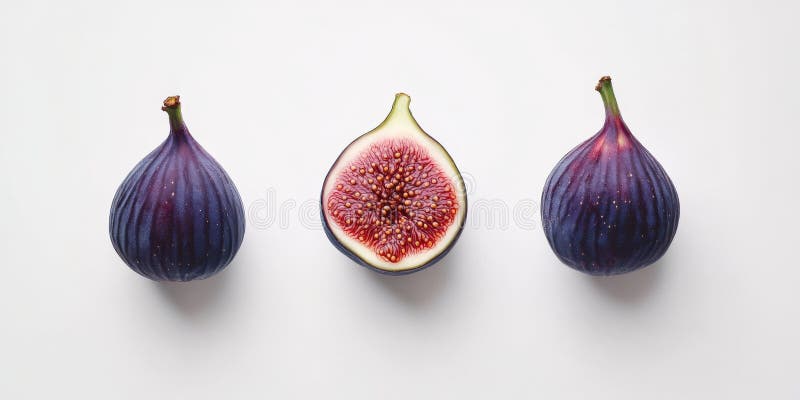 Three Figs are Cut in Half and Placed on a White Background for Display ...