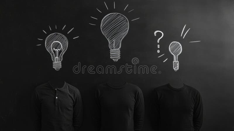 Three Figures in Black Under Light Bulb and Question Mark Drawings on a ...