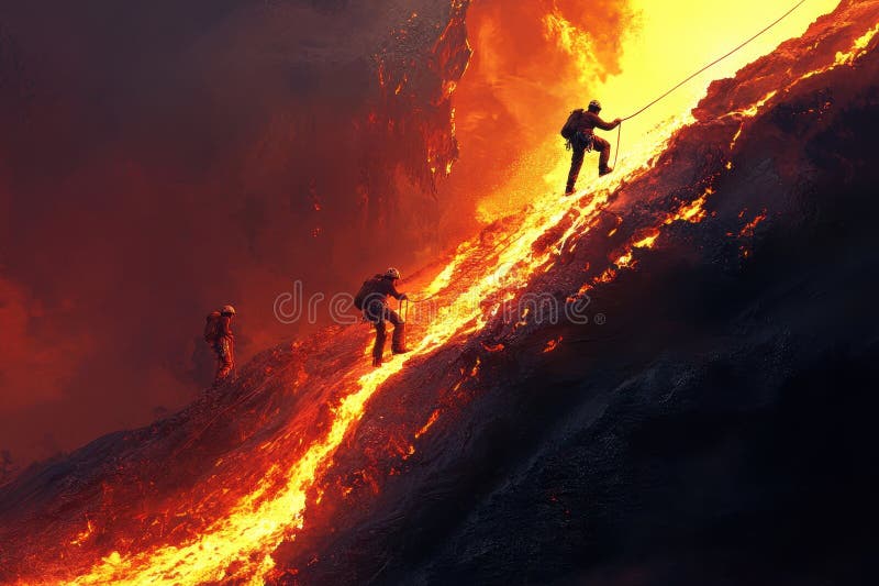 Three Figures Climbling a Volcano with Molten Lava Flowing Downward ...