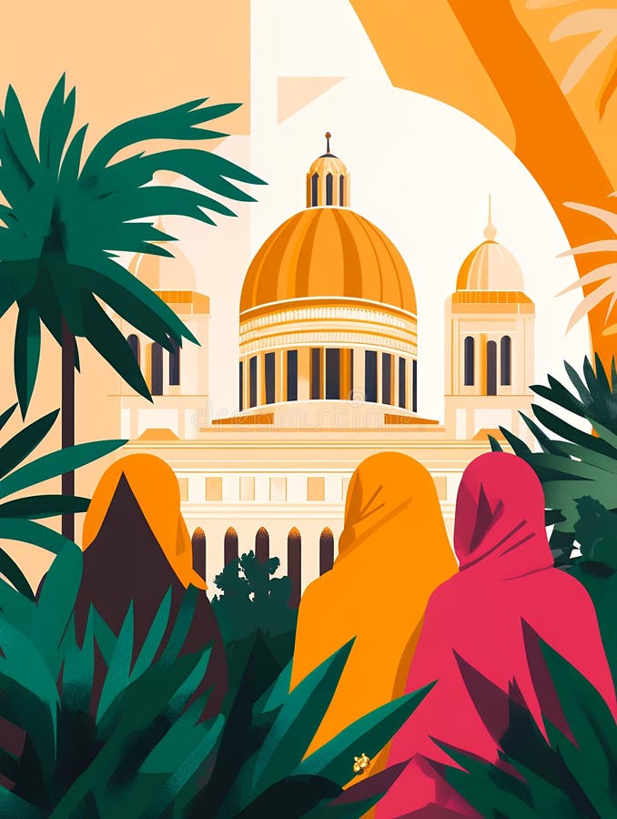 Three Figures Facing a Building with Domes Surrounded by Greenery in a ...