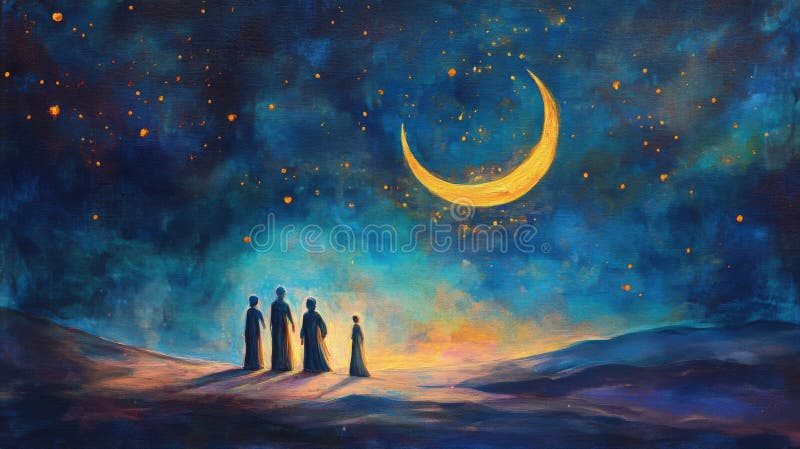 Three Figures Journey Under a Crescent Moon and Starry Night Sky Stock ...