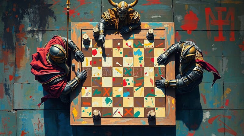 Three Figures in Medieval Armor Play a Game of Chess on a Large ...