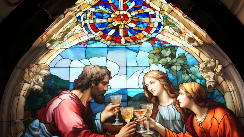 Stained Glass Depicting a Celebration with Three Figures and Fruit ...