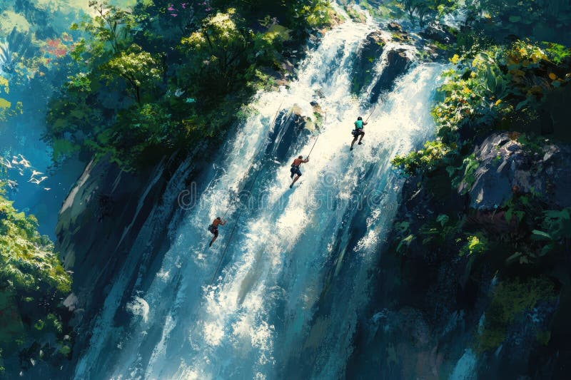 Three Figures Rappelling Down a Waterfall in a Lush Green Forest Stock ...