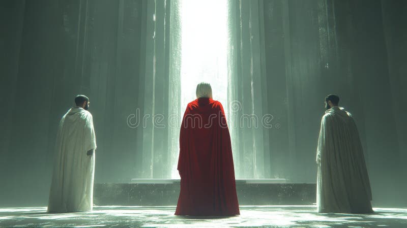 Three Figures in Robes before a Bright Light in a Grand Hall Stock ...