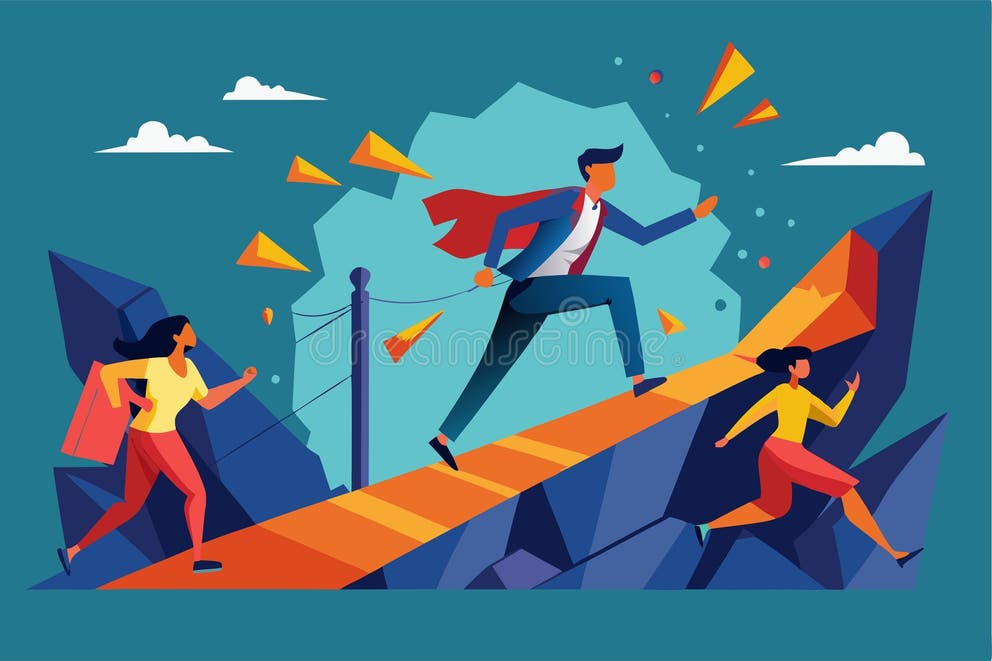 Three Figures are Shown Overcoming Challenges on a Vibrant Path with Obstacles in an Outdoor ...