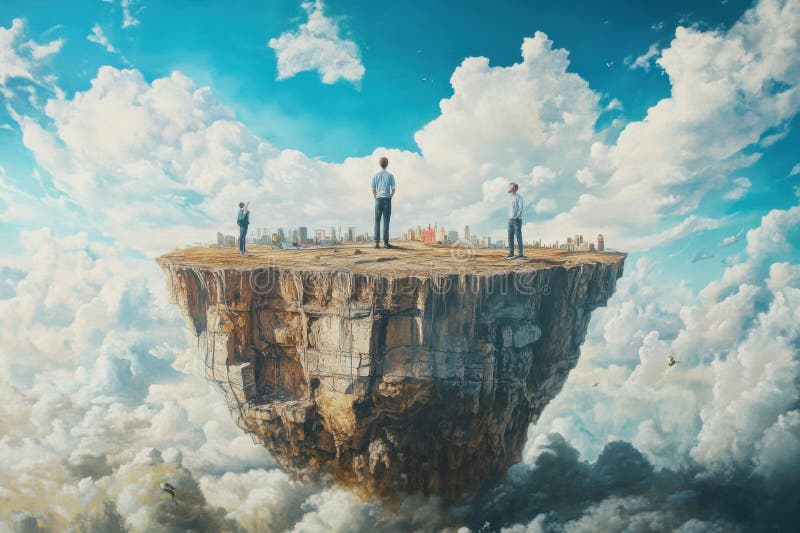 Surreal Landscape with Figures Standing on Floating Island Above City ...