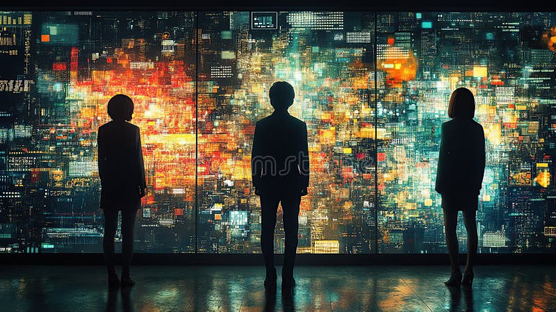 Three Figures Stand before a Large, Glowing, Interactive World Map ...